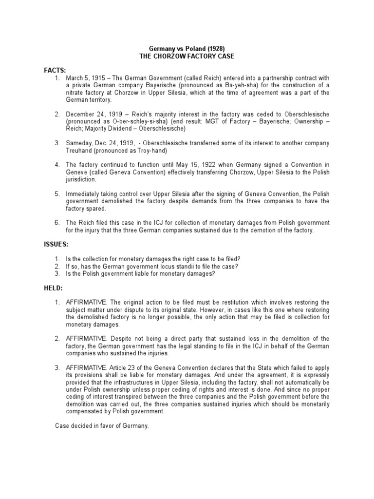 Germany Vs Poland (1928) The Chorzow Factory Case Facts | Download Free ...