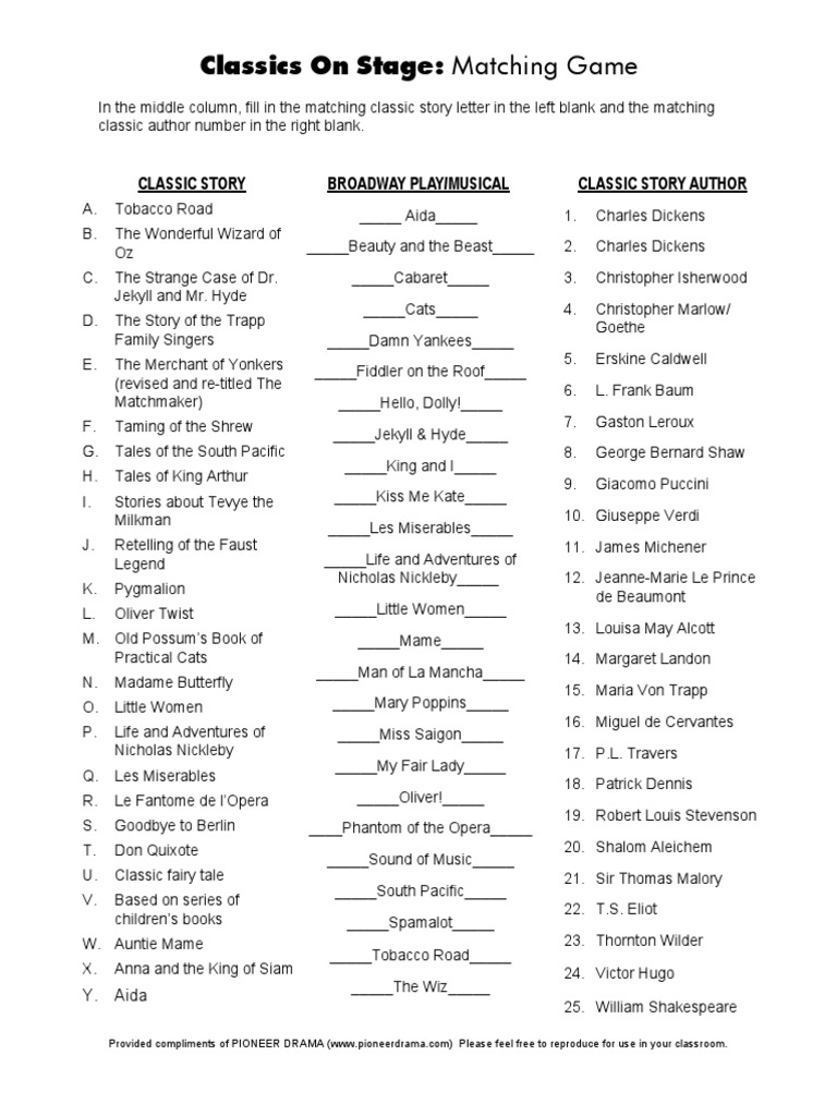 Classics On Stage Matching Game | PDF | Musical Theatre | Leisure