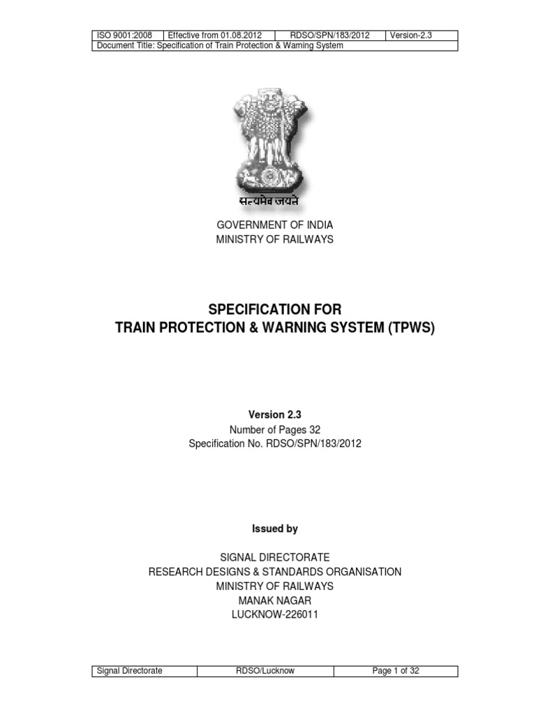Specification For Train Protection & Warning System (TPWS) : Government ...