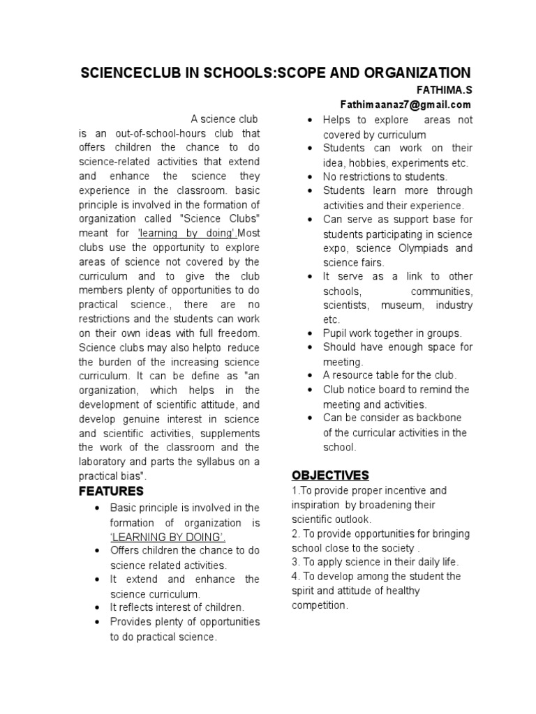 Scienceclub in Schools:Scope and Organization: Features Objectives ...