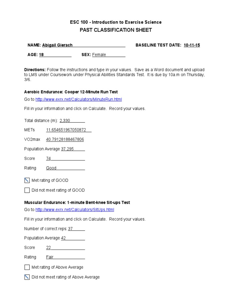 Exercise Science Baseline Test Results | PDF