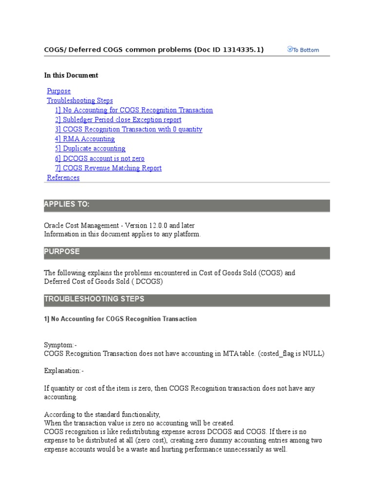 COGS - Deferred COGS Common Problems (Doc ID 1314335.1) | PDF | Debits ...