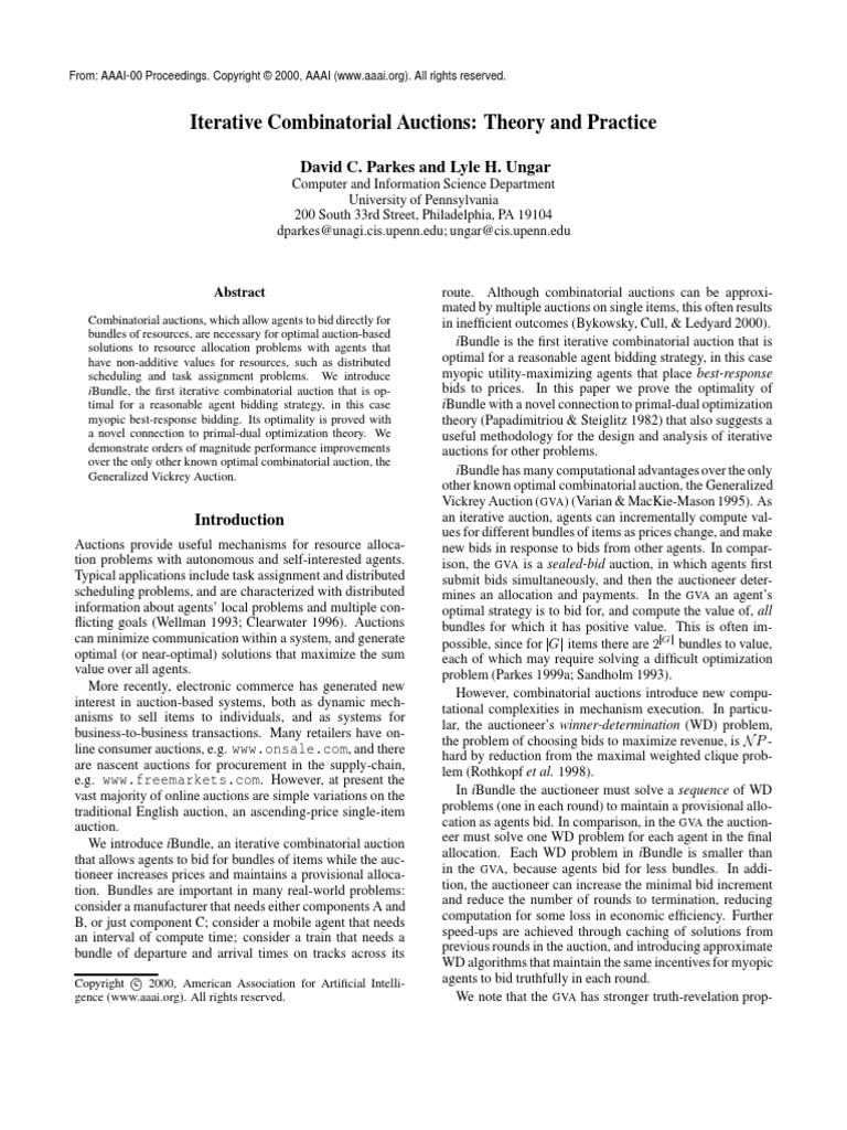 Iterative Combinatorial Auctions: Theory and Practice: David C. Parkes and Lyle H. Ungar | PDF ...