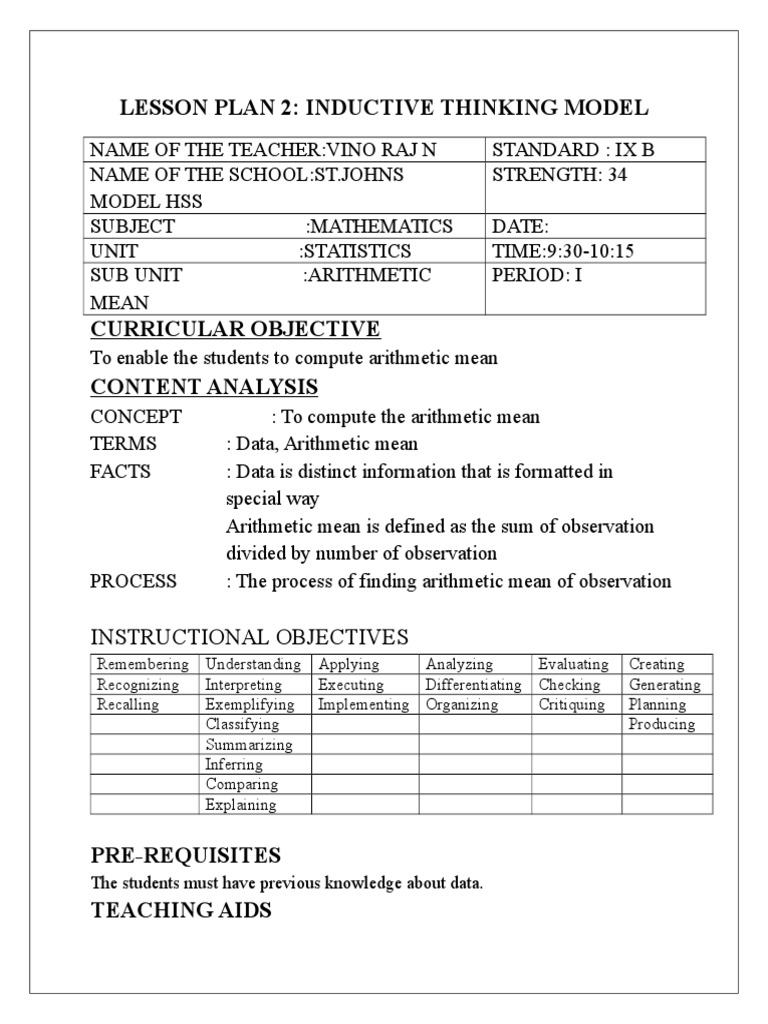 Lesson Plan 2 Inductive Thinking Model | Lesson Plan | Arithmetic