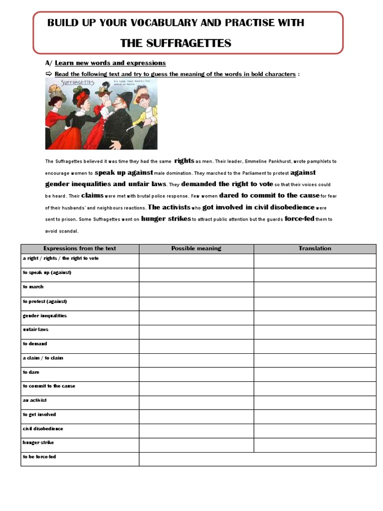The Suffragettes: Build Up Your Vocabulary and Practise With | PDF