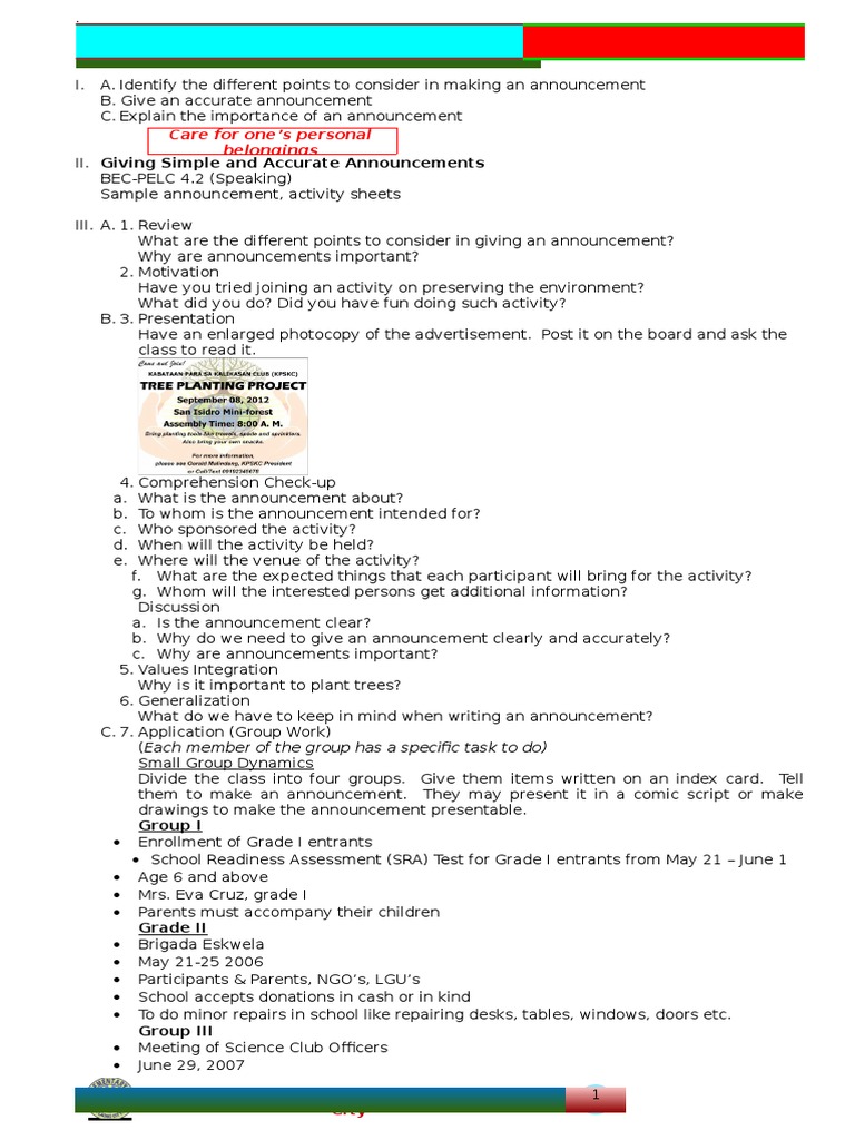 Making Clear Announcements | PDF | Lesson Plan | Cognition