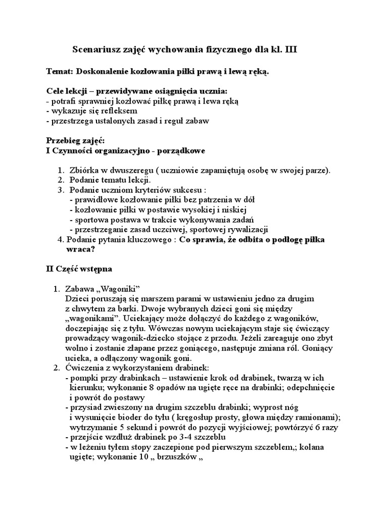 Scenariusz Zajęć Wychowania Fizycznego Dla KL | PDF