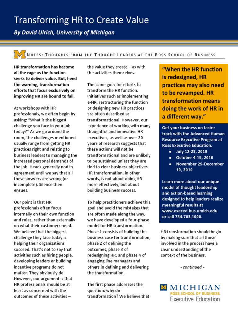 Ulrich-Transforming HR To Create Value | PDF | Strategic Management ...