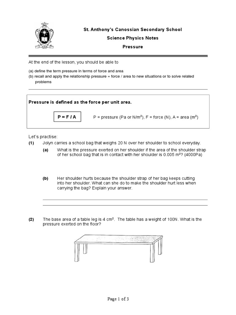 St. Anthony's Canossian Secondary School Science Physics Notes Pressure ...