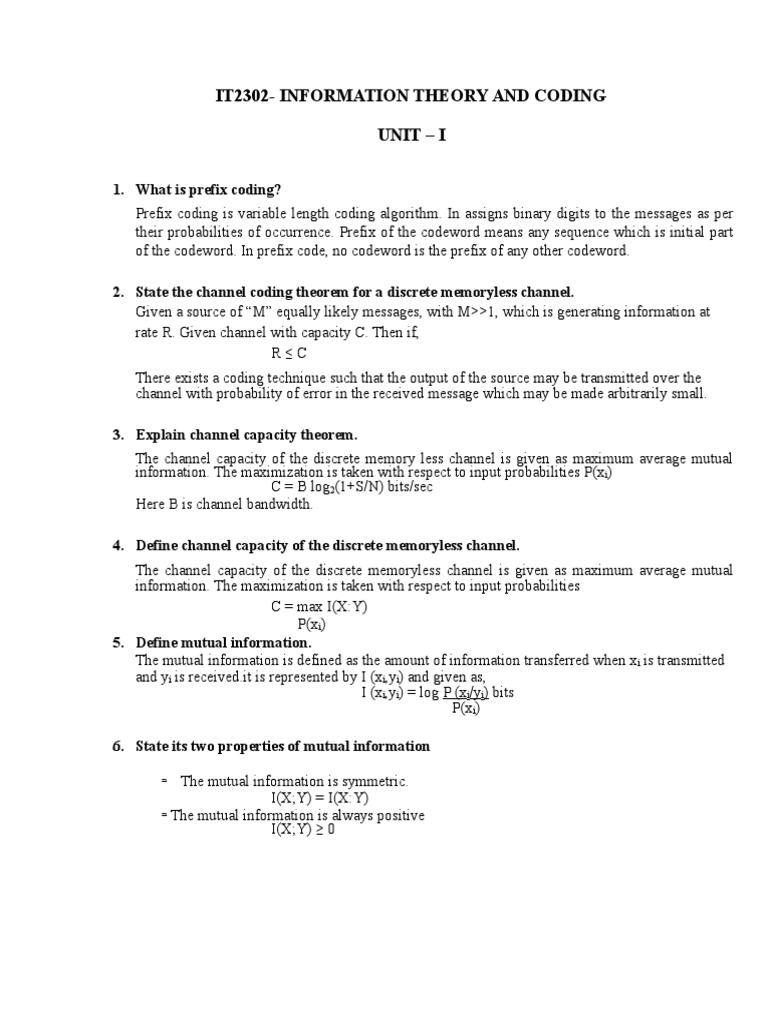 It2302-Information Theory and Coding Unit - I | PDF | Data Compression | Code