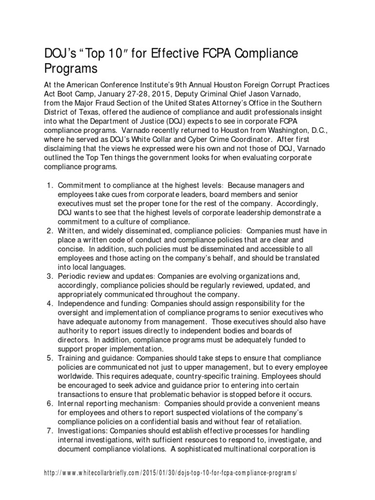 DOJ's "Top 10 For Effective FCPA Compliance Programs | PDF | Bribery ...