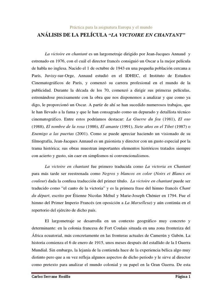 Comentario de La Película "LA VICTOIRE EN CHANTANT" | PDF | Colonialismo | Primera Guerra Mundial