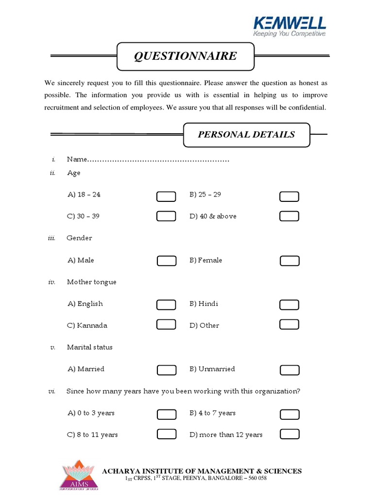 Questionnaire: Personal Details | Download Free PDF | Recruitment ...