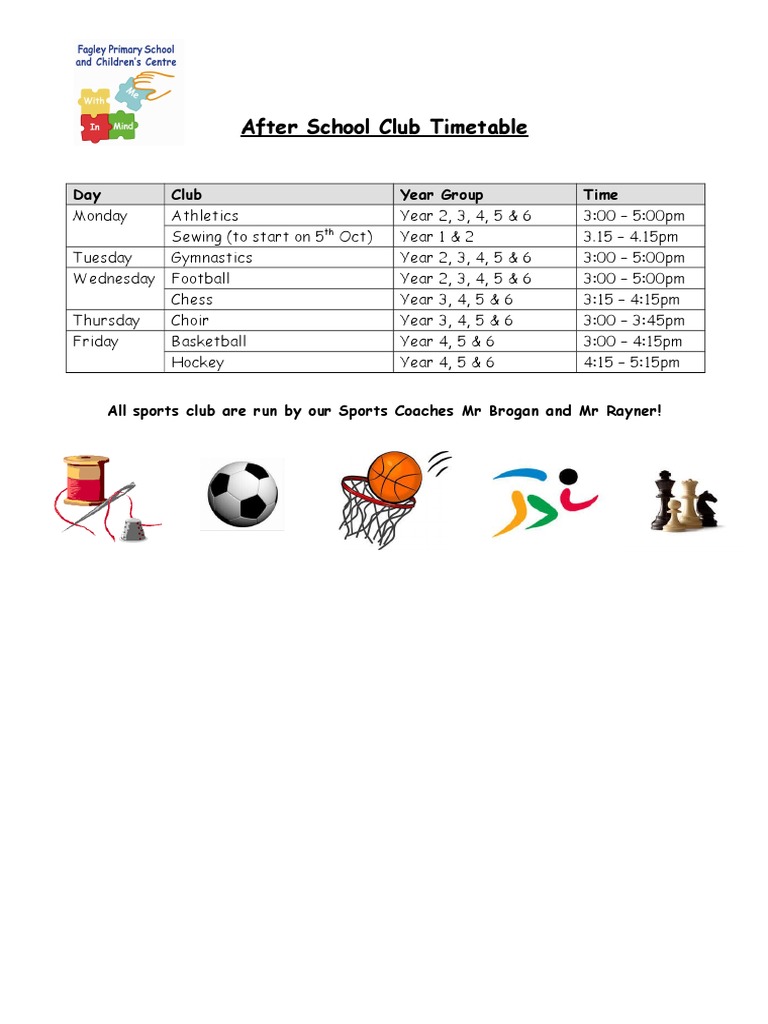After School Club Timetable: Day Club Year Group Time | PDF