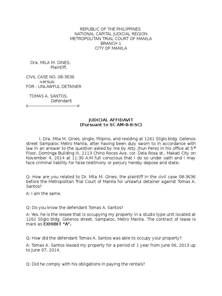 Sample Judicial Affidavit | Lease | Affidavit