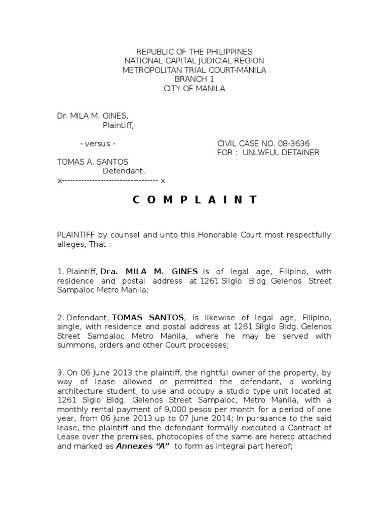 Sample Complaint for Ejectment | Lease | Lawsuit