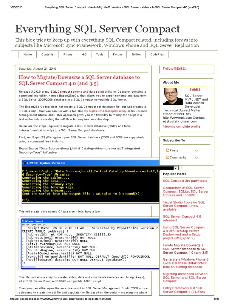 How To Migrate Downsize A Sql Server Database To Sql Server Compact 40 Pdf Microsoft Sql