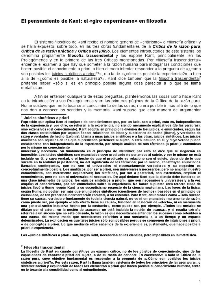 El Pensamiento de Kant: El Giro Copernicano en Filosofía | PDF ...