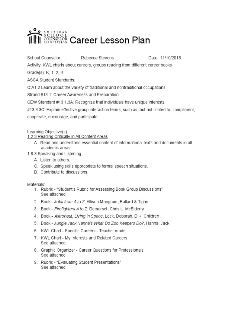 Week 2 Career Lesson Plan | PDF | Lesson Plan | Rubric (Academic)