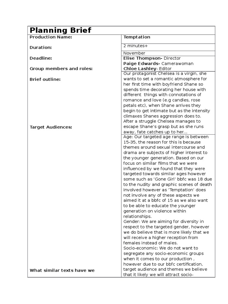 Planning Brief: Production Name: Duration: Deadline: Group Members and ...