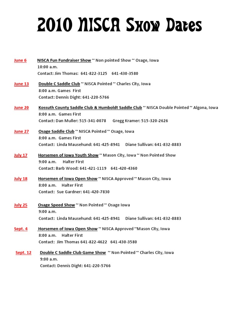 2010 NISCA Show Dates | PDF | Sports & Recreation