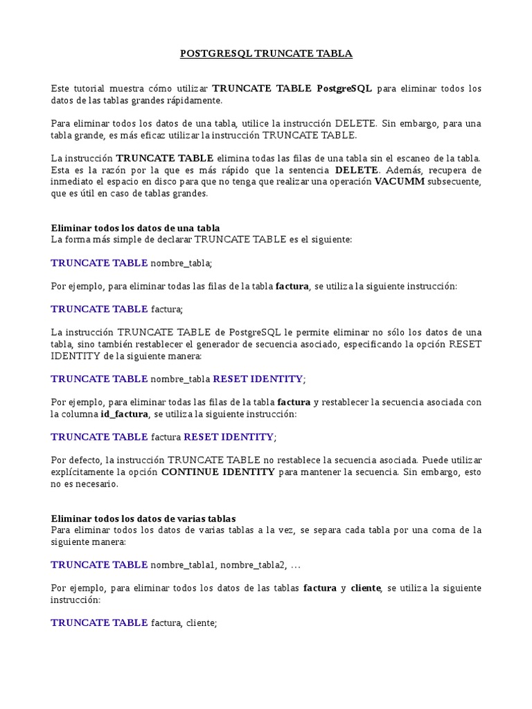 Truncate Table en PostgreSQL | PDF | Tabla (base de datos) | SQL