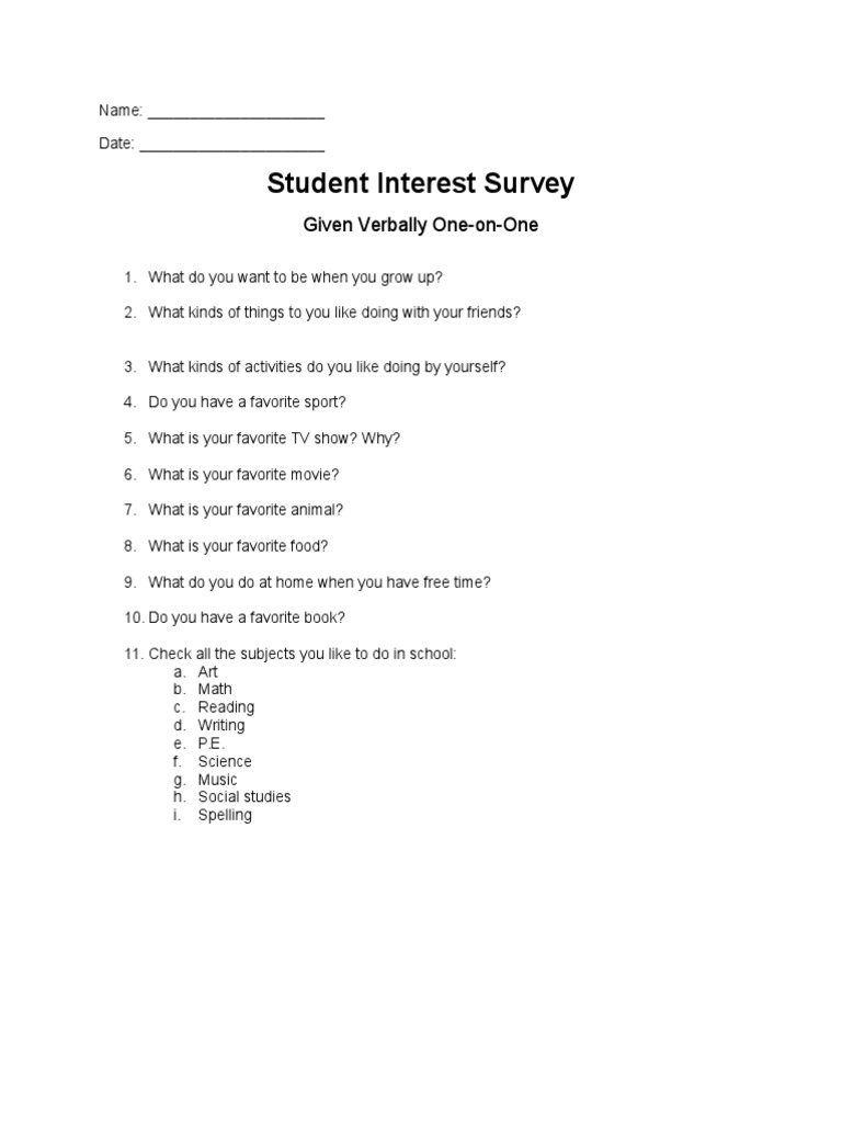 Student Interest Survey | PDF | Wellness | Science & Mathematics