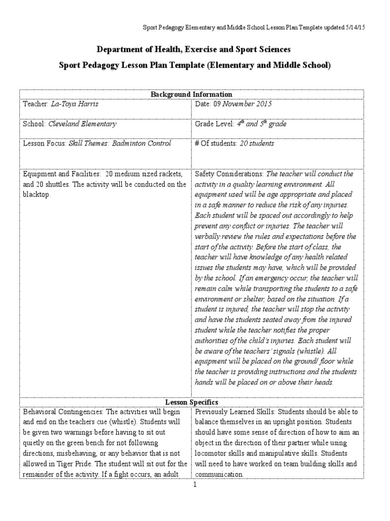 Badminton Lesson Plan for Grades 4-5 | PDF | Lesson Plan | Physical ...