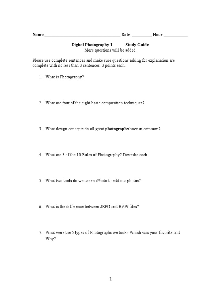 Name - Date - Hour - Digital Photography 1 Study Guide | PDF | Adobe ...