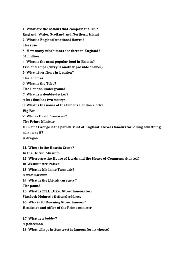British Culture Quiz | PDF | Monarchy Of The United Kingdom | United ...