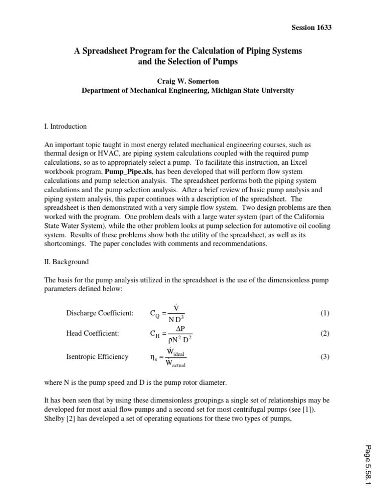 PUMP A Spreadsheet Program For The Calculation of Piping Systems and ...