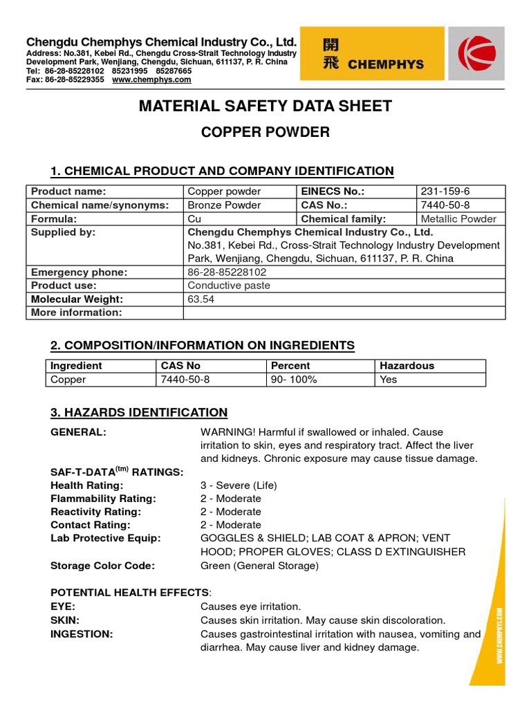 MSDS Copper Powder | PDF | Chlorine | Explosive Material