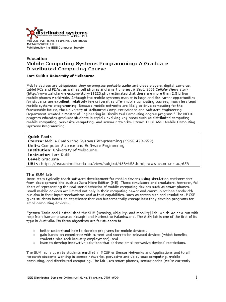 Mobile Computing Systems Programming A Graduate Distributed Computing Course Pdf Smartphone