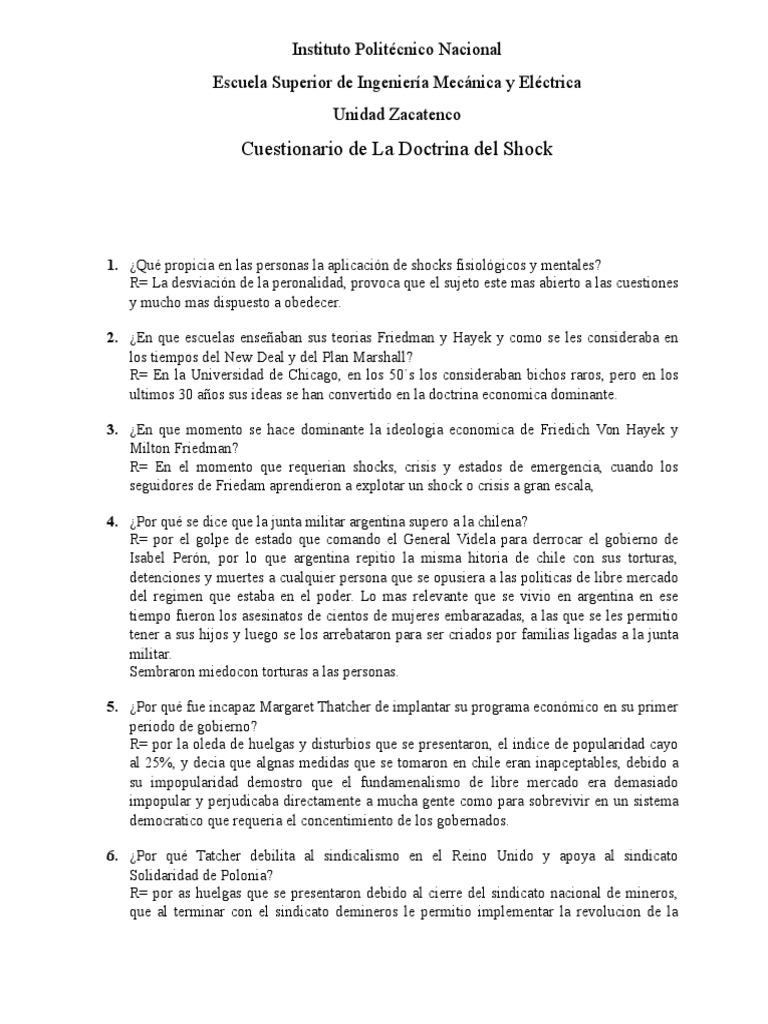 Cuestionario Doctrina Del Shock | PDF | Margaret Thatcher | Neoliberalismo