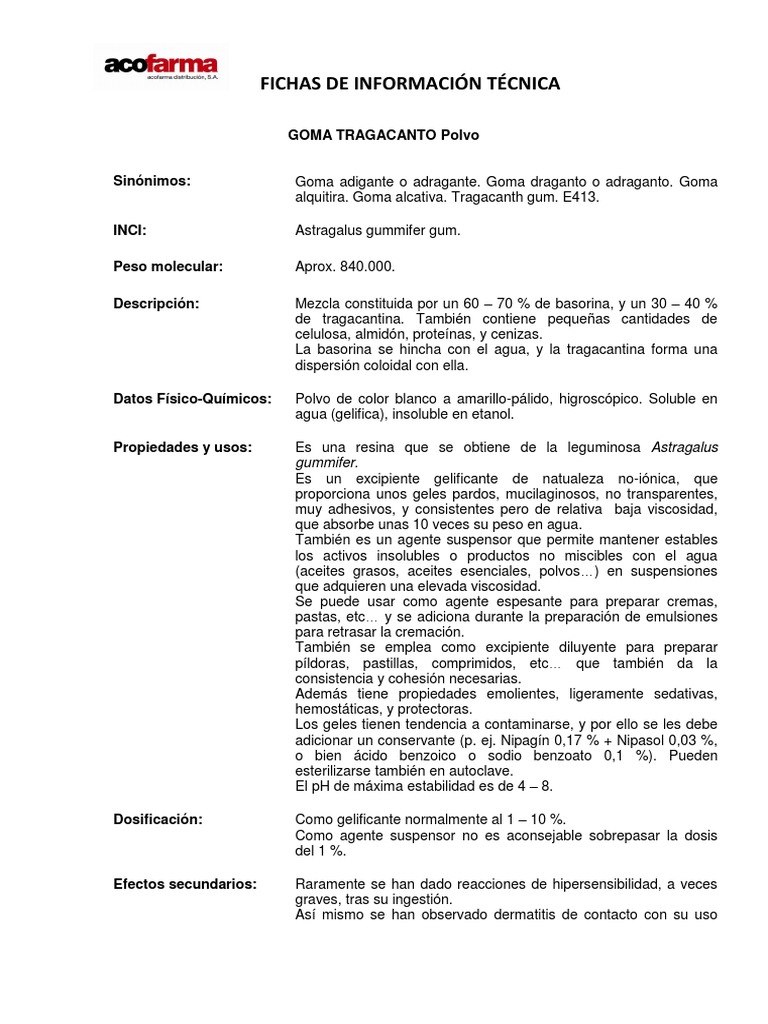 Usos y propiedades de la goma tragacanto | PDF | Agua | Sustancias químicas
