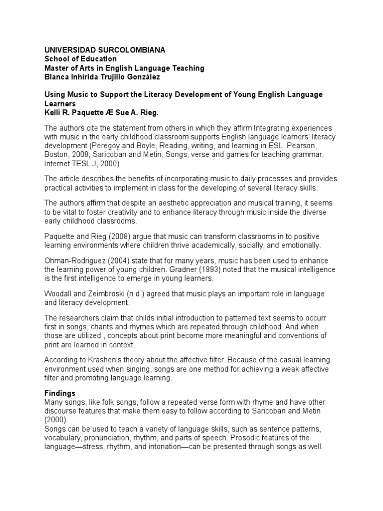 Summary Using Music To Support The Literacy Development of Young ...