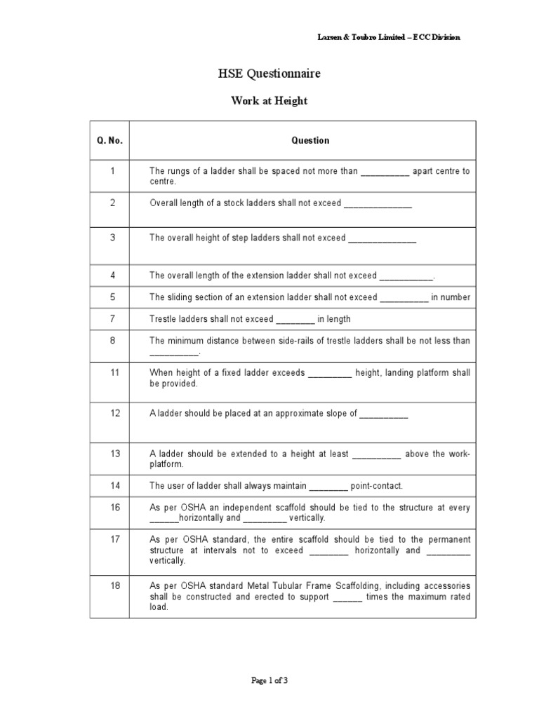 Questionnaire - Work at Height | PDF | Scaffolding | Crane (Machine)