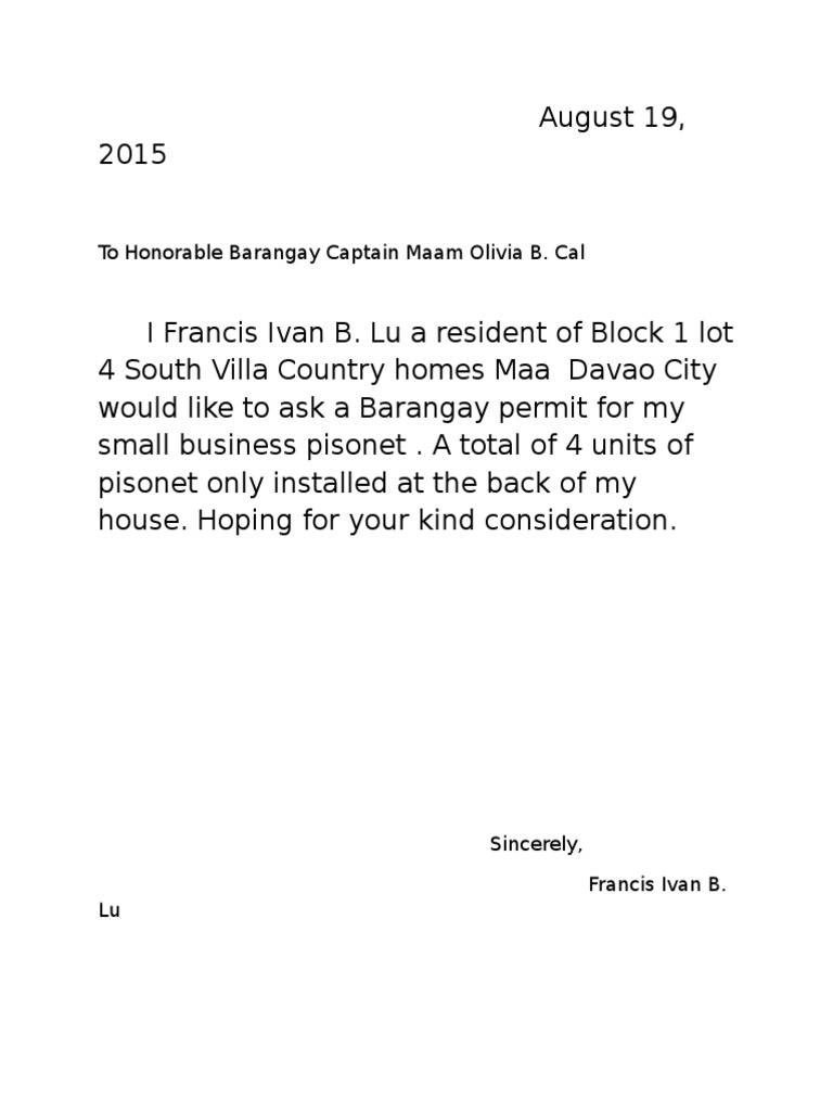 To Honorable Barangay Captain Maam Olivia B. Cal | PDF