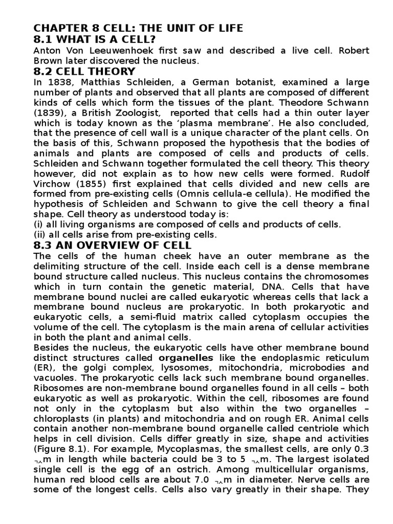 Chapter 8 Cell: The Unit of Life 8.1 What Is A Cell? 8.2 Cell Theory | PDF | Endoplasmic ...
