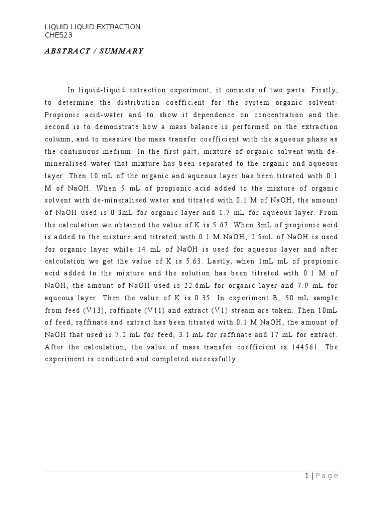 Liquid Liquid Extraction Experiment | PDF | Solution | Distillation