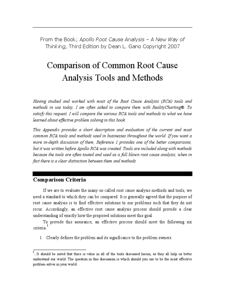 Comparison of Common Root Cause Analysis Tools and Methods | PDF