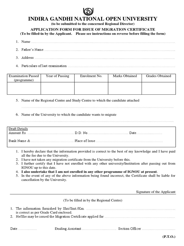 IGNOU Migration Certificate Application Form | PDF | Technology ...