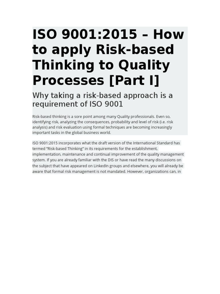 ISO 9001 2015 and Risk Assesment | PDF | Risk Management | Iso 9000