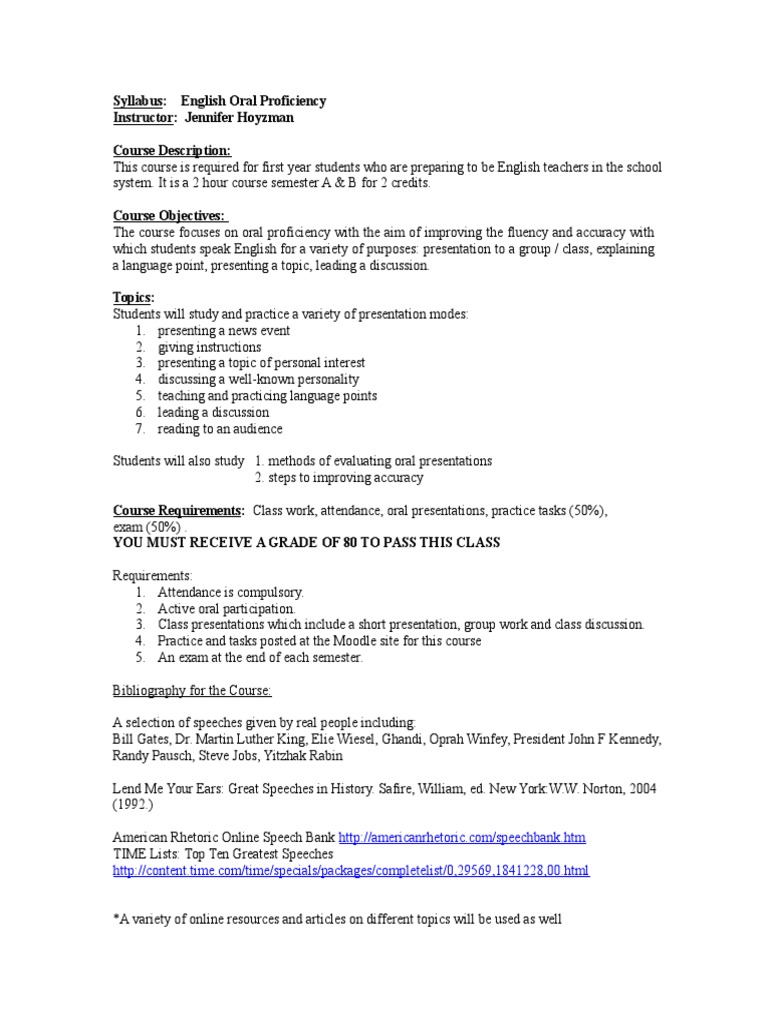 Oral Proficiency Syllabus | PDF | Language Arts & Discipline | Foreign ...