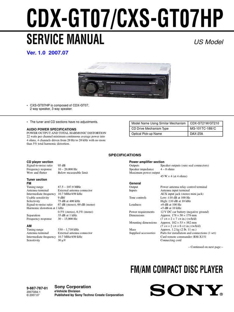 Sony CDX Gt07 Cxs Gt07hp | PDF | Loudspeaker | Antenna (Radio)