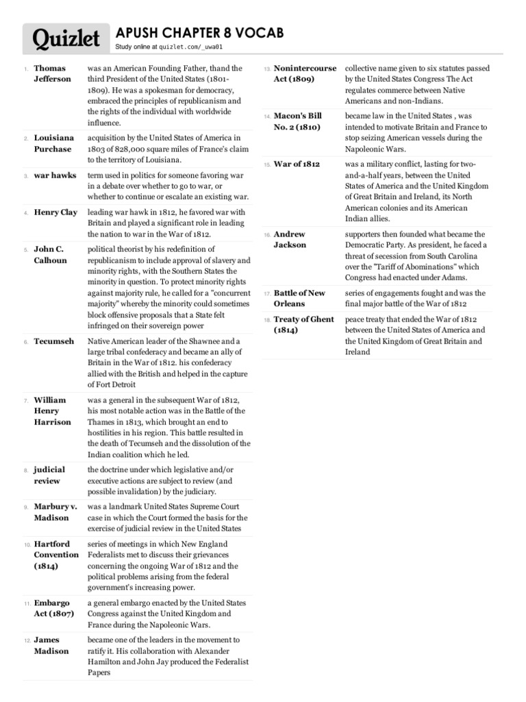 Apush Chapter 8 Vocab | PDF | James Madison | Justice
