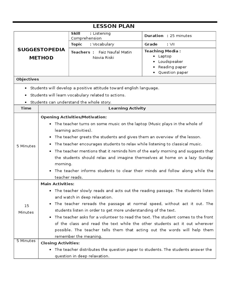 Teaching Methodology - Suggestopedia Lesson Plan | PDF | Lesson Plan ...