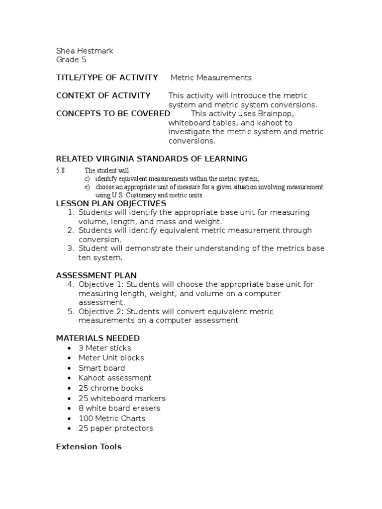 Metric System Lesson Plan for Grade 5 | PDF | Units Of Measurement ...
