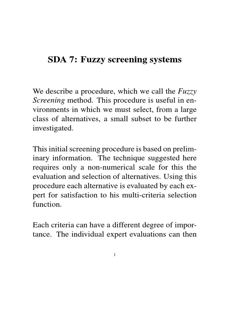SDA 7: Fuzzy Screening Systems: Screening Method. This Procedure Is ...