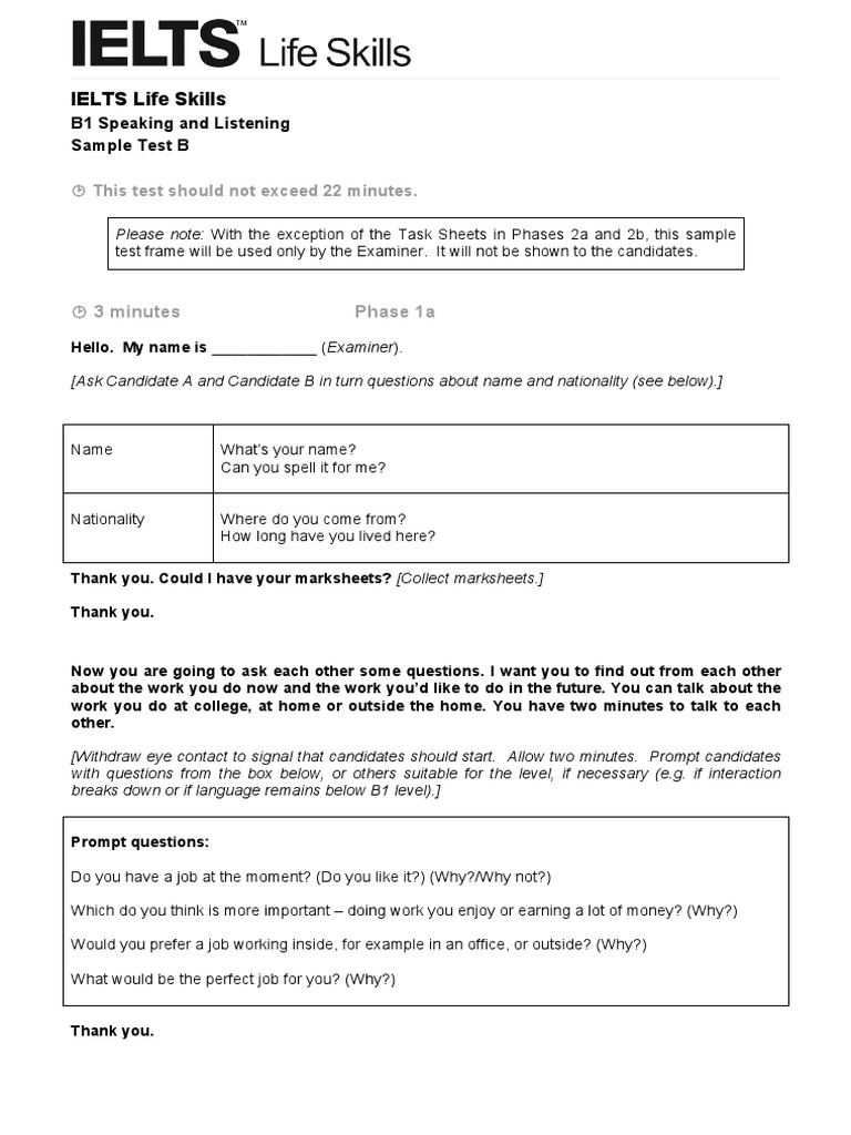 IELTS Life Skills - Sample Paper 2 Level B1 | PDF | International ...